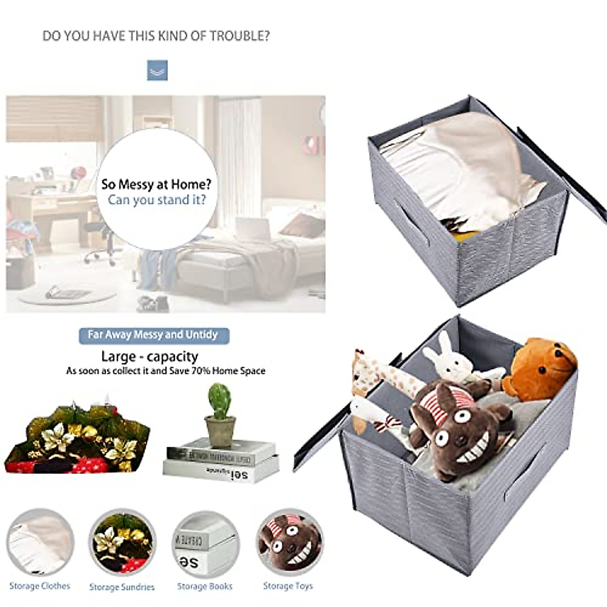 BEBORIN Foldable Storage Bins|2 Pack Storage Boxes with Lids and Handles Storage Baskets in Cotton and Linen Storage Organizers for Toys, Shelves, Clothes, Papers and Books etc. (Grey-twill)