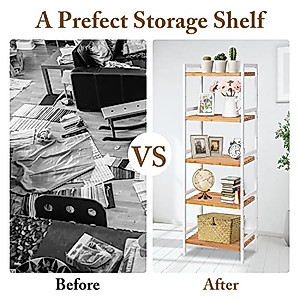 kinbor Bamboo Shelf - 5 Tier Utility Shelf, Bamboo Shelving Unit, Multipurpose Tall Bamboo Rack Display Shelf Unit for Home Office Bathroom Kitchen Living Room