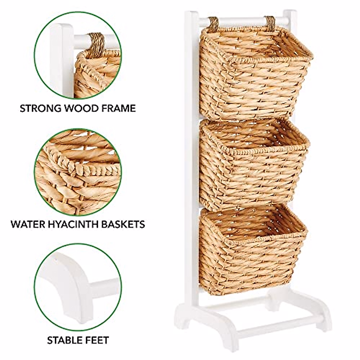 mDesign Water Hyacinth 3-Tiered Storage Baskets Floor Stand with Market Basket Storage Bins - Vertical Standing Rack for Living Room, Laundry, Bedroom, Bathroom, Office Organization - White/Natural