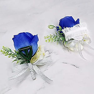 V-BICUIYUAN Corsage and Boutonniere Set-Prom Artificial Peony Rose Flower Wrist Corsage Bracelets, Homecoming Corsage Wristlet, for Wedding Flowers Accessories Prom Suit Decorations (Royal Blue)