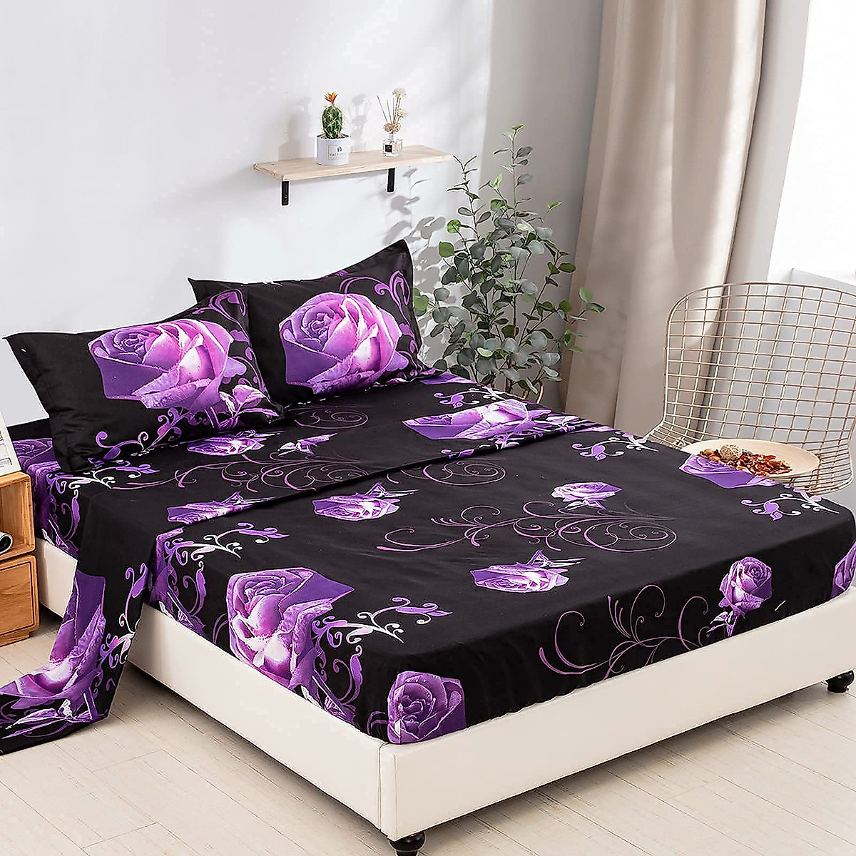 Purple Rose Comfortter Set Queen and Sheet Set for Queen Bed, 3 Piece Fluffy Down Alternative Duvet Set Matching with 4 Piece Bedding Sheet Set. All Season Bedding Set Queen