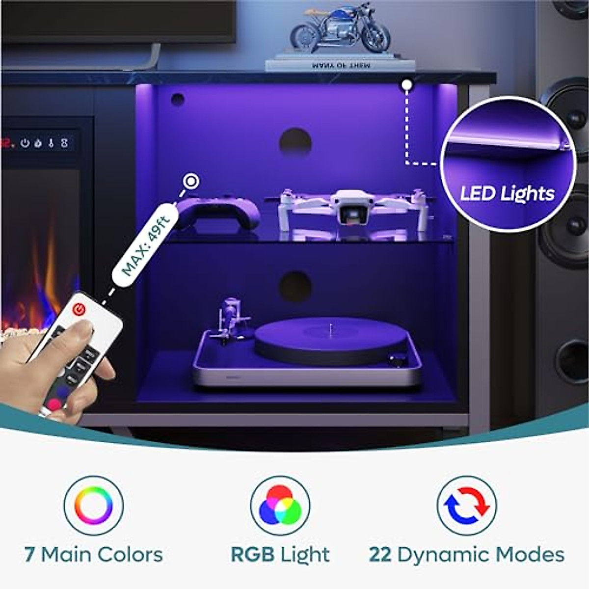 Bestier Fireplace TV Stand for 70/75 inch TV, Gaming LED Entertainment Center with 23 inch Electric Fireplace for PS5, Modern TV Console with Adjustable Glass Shelves for Living Bedroom Black Marble