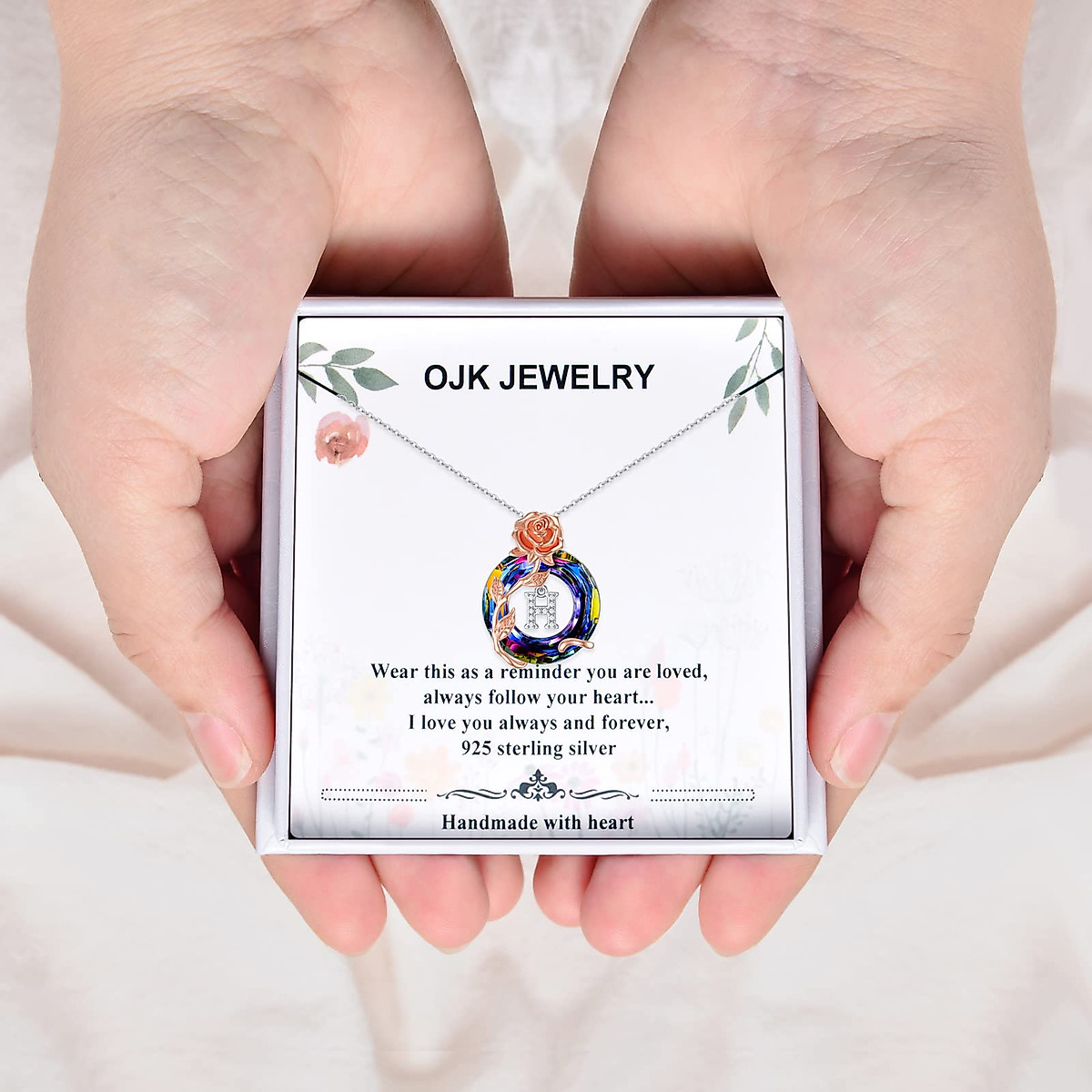 OJK H Necklace Sterling Silver Rose Initial Letter Pendant Necklace with Circle Volcano Crystal Birthday Anniversary Christmas Graduation Mothers Day Jewelry Gifts for Women Her Girls