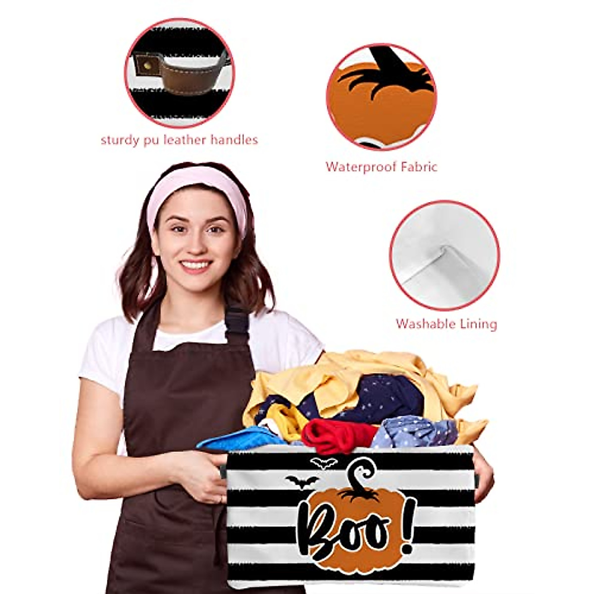 Halloween Storage Basket Waterproof Cube Storage Bin Organizer with Handles, Orange Pumpkin Bat Black White Striped Collapsible Storage Cubes Bins for Clothes Books Toys 15"x11"x9.5"