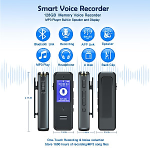 128GB Voice Recorder,Smart Recording Device with Phone APP One-Touch Recording,Capacity is 1600 Hrs Voice Recorder with Playback, Audio Recorder for Lectures, Meetings, Cars, Interviews,Class (128GB)