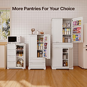 Gizoon 33" Small Kitchen Pantry Storage Cabinet with Door and Shelves, Pantry Cabinet Storage Cupboard, Freestanding Wooden Dresser with 4 Drawers for Bathroom and Dining Room, White