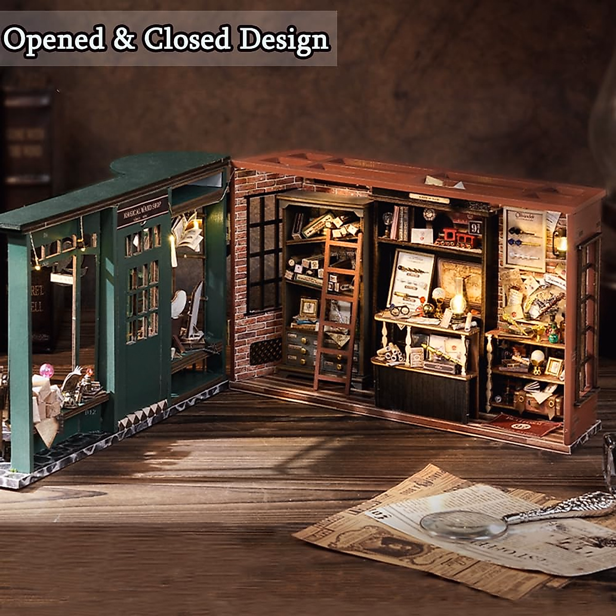 TuKIIE DIY Miniature Dollhouse Kit with Furniture, 1:24 Scale Creative Room Opened & Closed Movie Inspired Wooden Doll House Plus Dust Proof for Kids Teens Adults(Magical Wand Shop)