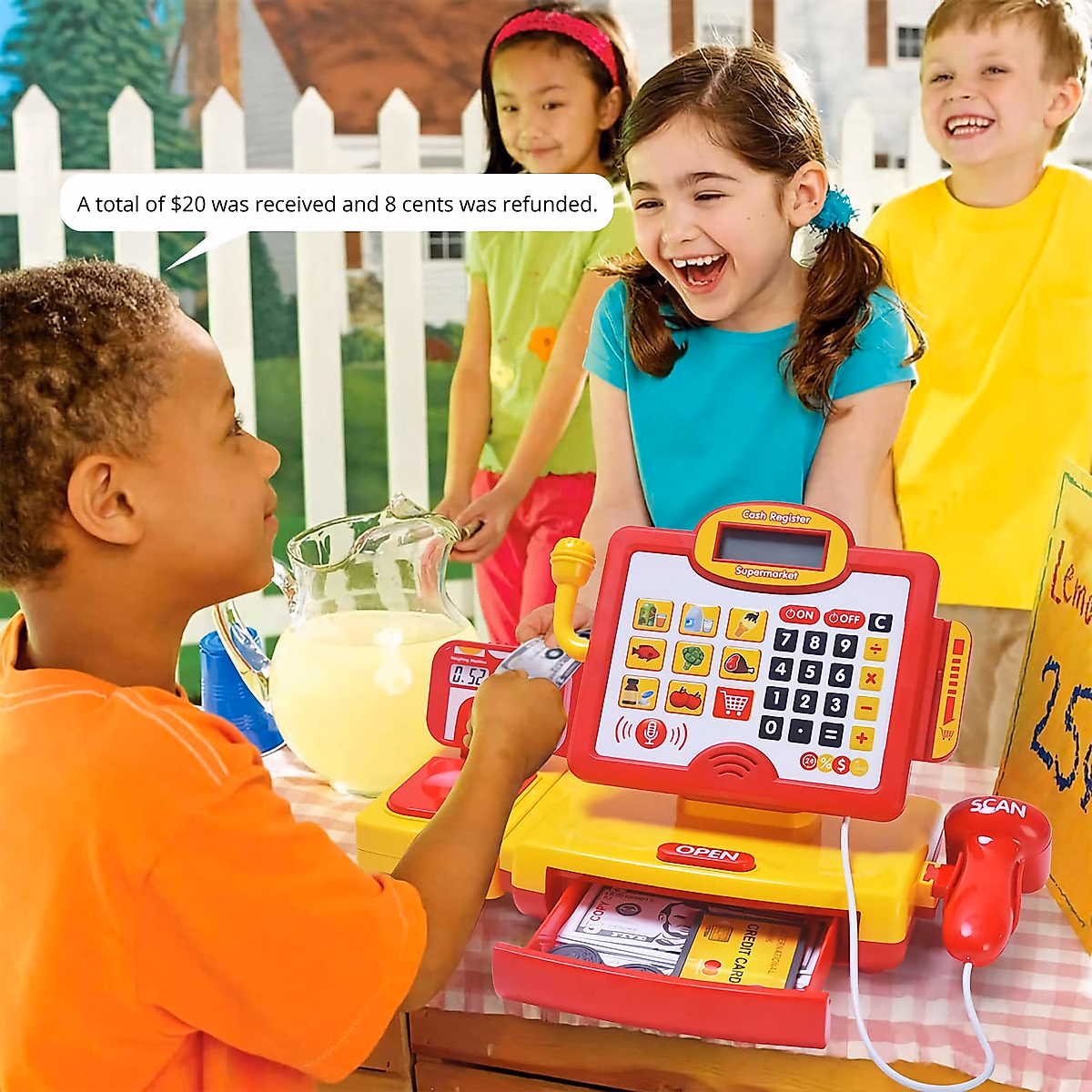 FS Pretend Play Cash Register Toy with True Barcode Scanner & Calculator, Microphone, Play Food, Supermarket Cashier, Great Pre-School Gift Cash Register for Kids Boys & Girls, Ages 3 4 5 6 8