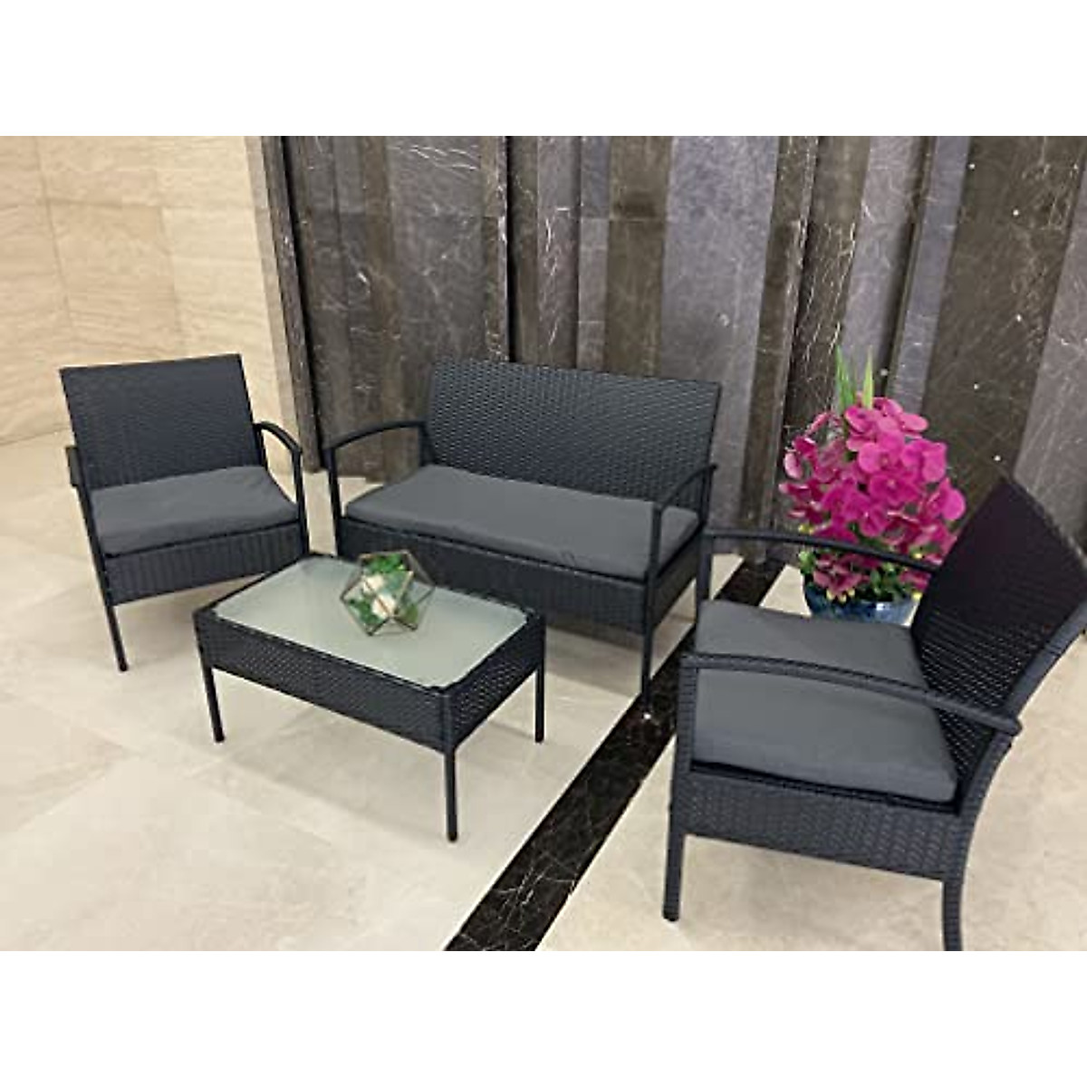 StellaHome Rattan Patio Outdoor Furniture Sets 4 Pieces Wicker Chairs Loveseats with Extra Cushion Covers for Replacement (Black Wicker/Grey&Beige Cushions)