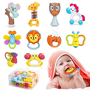 TOY Life 10PCS Baby Rattles Teether Rattles Toys - Rattle Teething Toys for Babies- Grab Shaker and Spin Rattle - Baby Chew Toys for 0 3 6 9 12 Month Newborn Infant Baby…