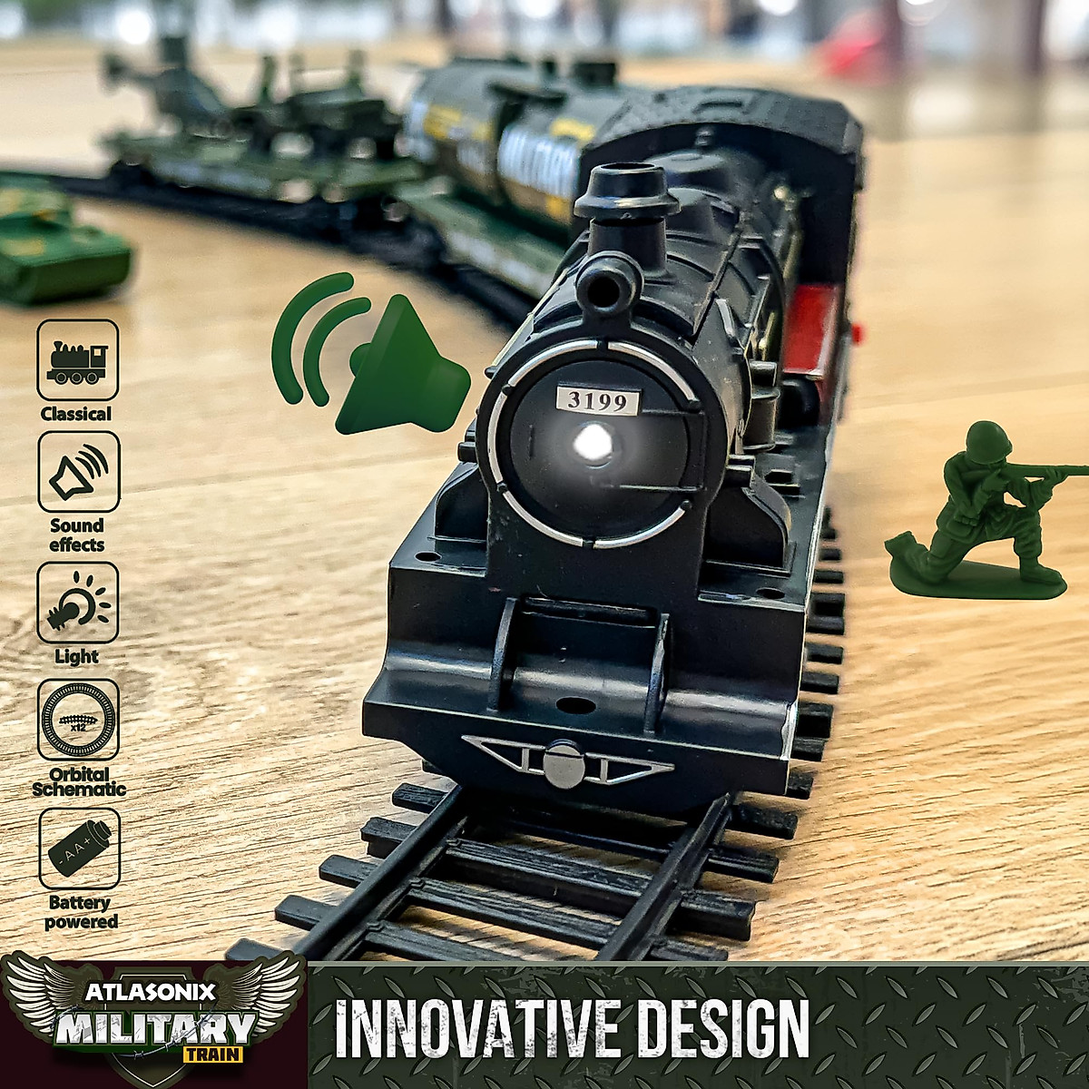 USA Electric Train Set for Kids Ages 3-8 - Military Toy Polar Train Model with Helicopter, Tank, Soldiers & Tracks for Boys - Fun Birthday Toy for Ages 4-7
