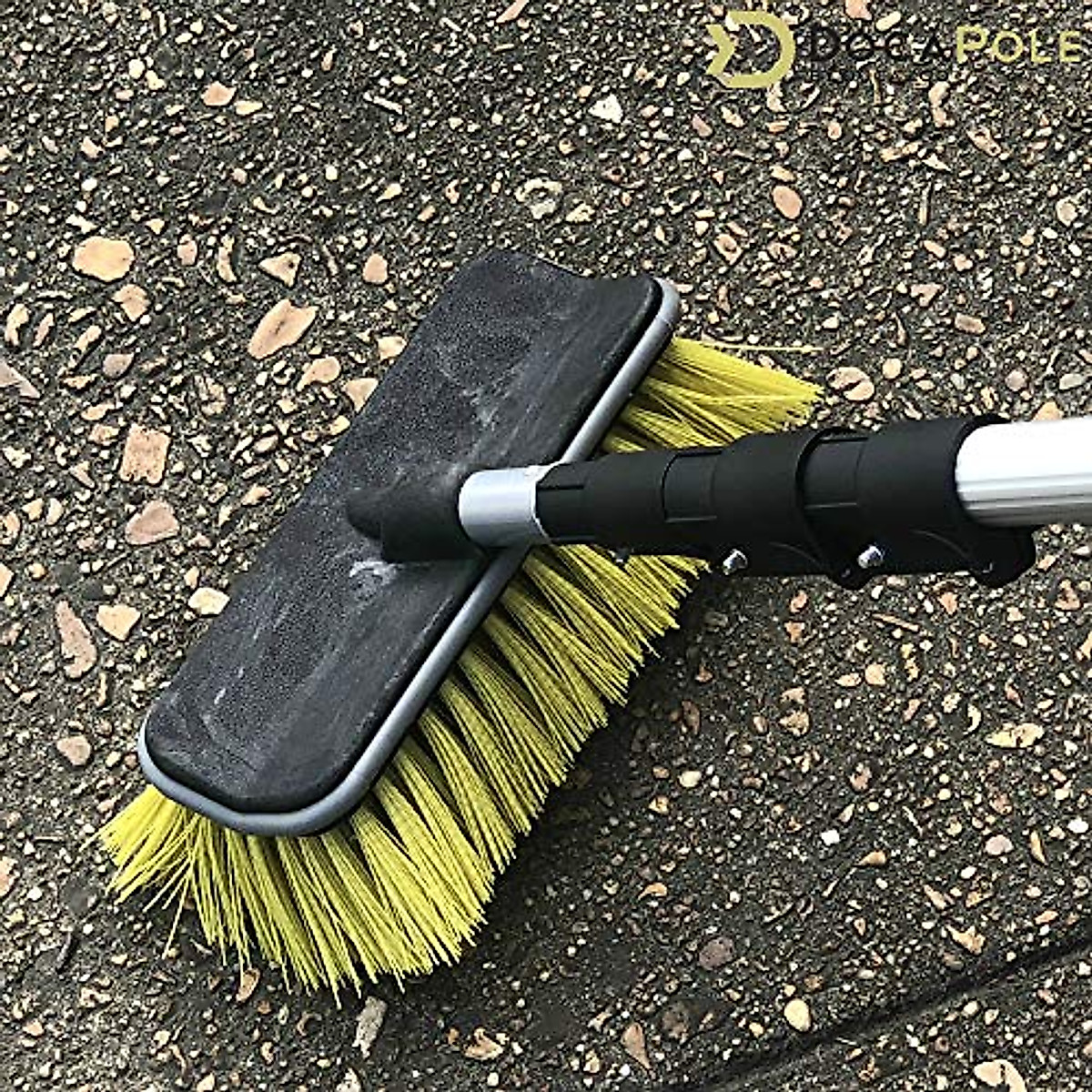 DocaPole Hard Bristle Deck Brush and Bi-Level Scrub Brush Extension Pole Attachment (11”) | Long Handle Scrub Brush and Deck Brush for Deck, House Siding, Brick, Concrete and More (Pole Not Included)