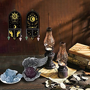 CREATCABIN 2Pcs Small Crystal Shelf Display Sun Moon Star Wooden Crystal Holder Stand with 6Pcs C1 Gemst1 Pendulum Chains Magical Witch Altar for Hanging Crystals St1 Wall Decor 3.03 x 7.01inch