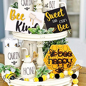 Huray Rayho Bee Wooden Sign Tiered Tray Decor Set of 5, Bee Happy Honeycomb 3D Letter Raised Laser Engrave Wood Block Bundle Honey Dippers Spring Summer Farmhouse Home Kitchen Bookshelf Table Decor