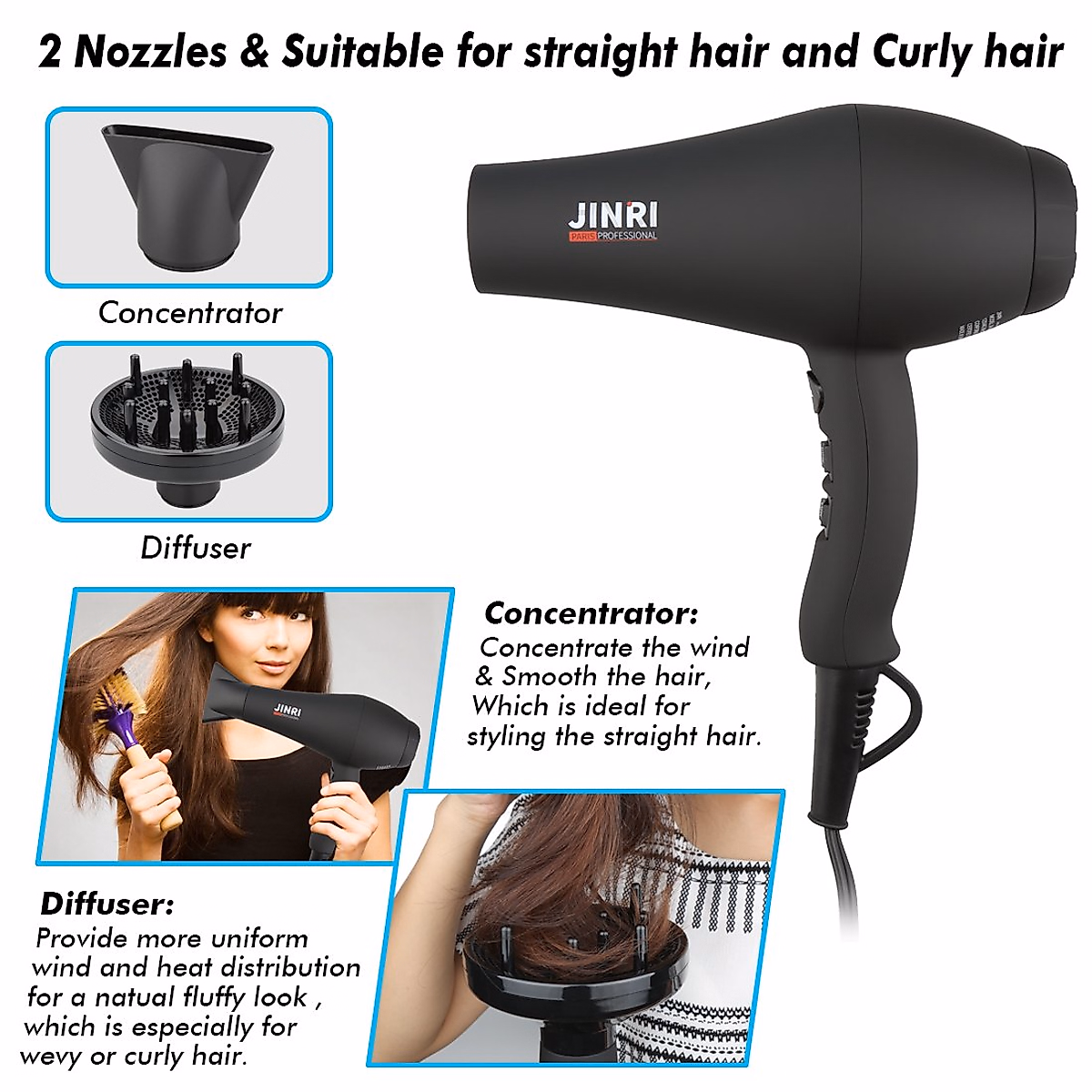 Ionic Infrared Blow Dryer - 1875W Professional Salon Dryer with Diffuser & Concentrator Attachments for Curly Hair, Black (XX-Large)