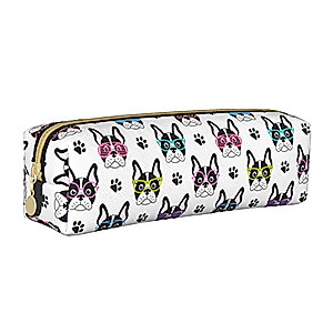 French Bulldog Dog Paw Leather Pencil Case Bag with Zipper Women Makeup Bag Durable Portable Suitable for School Work and Office 8.3 x 2.2 In