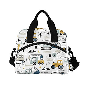 Insulated Cooler Lunch Bag Lunch Box Childish Truck Excavator for Office Work Picnic Hiking Beach Organizer with Adjustable Shoulder Strap