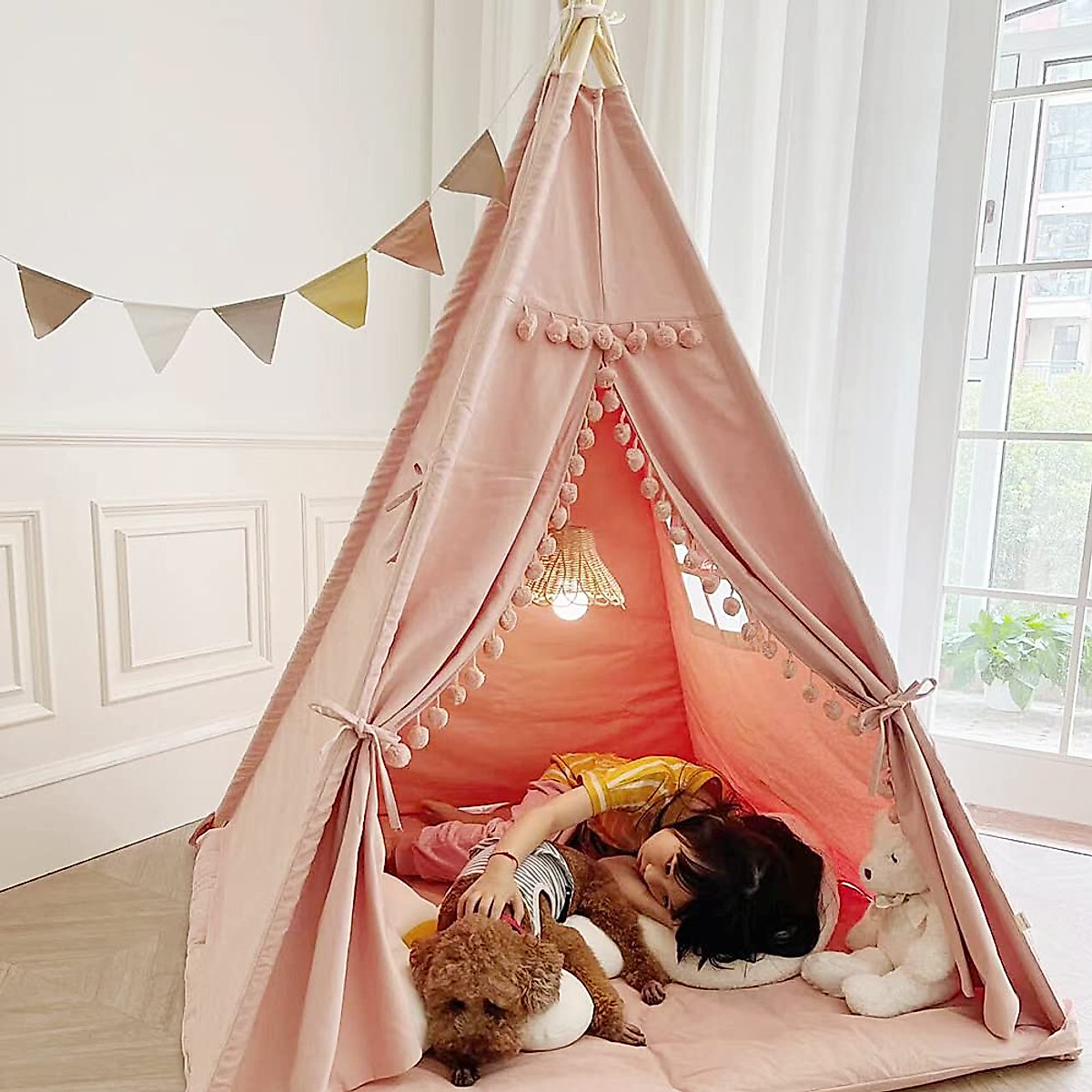 Teepee Tent for Kids with Padded Mat Foldable Tone Play Tents for Girl and Boy Canvas Tepee Playhouse for Child Indoor Outdoor