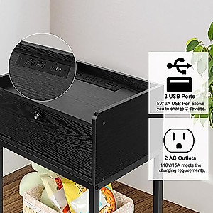 Vrisa End Table with Charging Station Night Stand with Flip Drawer Storage Black BedsideTable with USB Ports & Outlets, 3-Tier Nightstand Side Table for Bedroom, Living Room, Small Space