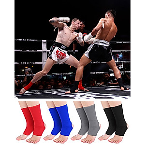 Handepo 4 Pairs Muay Thai Ankle Wraps MMA Ankle Support Foot Sleeve Ankle Braces for Men Women Kickboxing Martial Arts Gym Running Sports(Black, Red, Blue, Gray)