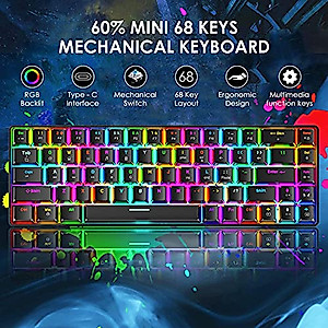 LexonElec T8 60% Mechanical Gaming Keyboard, RGB Backlit Compact Mechanical Keyboard, Blue Switches, Spill Resistant, Customizable Key Macro Function, for PC Gamers and Office Typists (Black)