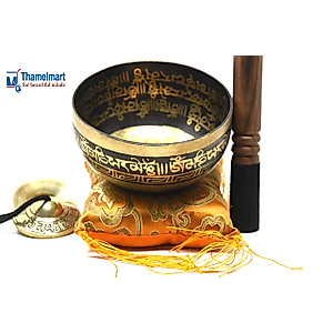 8" Healing Meditation Mantra Carved Singing Bowl, Etching Tibetan Art, Hand Hammered Singing Bowls with Silk Cushion, Gong & Mallet Striker