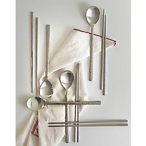 cozymomdeco Korean Made Silver Glossy Hammered Stainless Steel Korean Spoon & Chopstick SET (4SET)