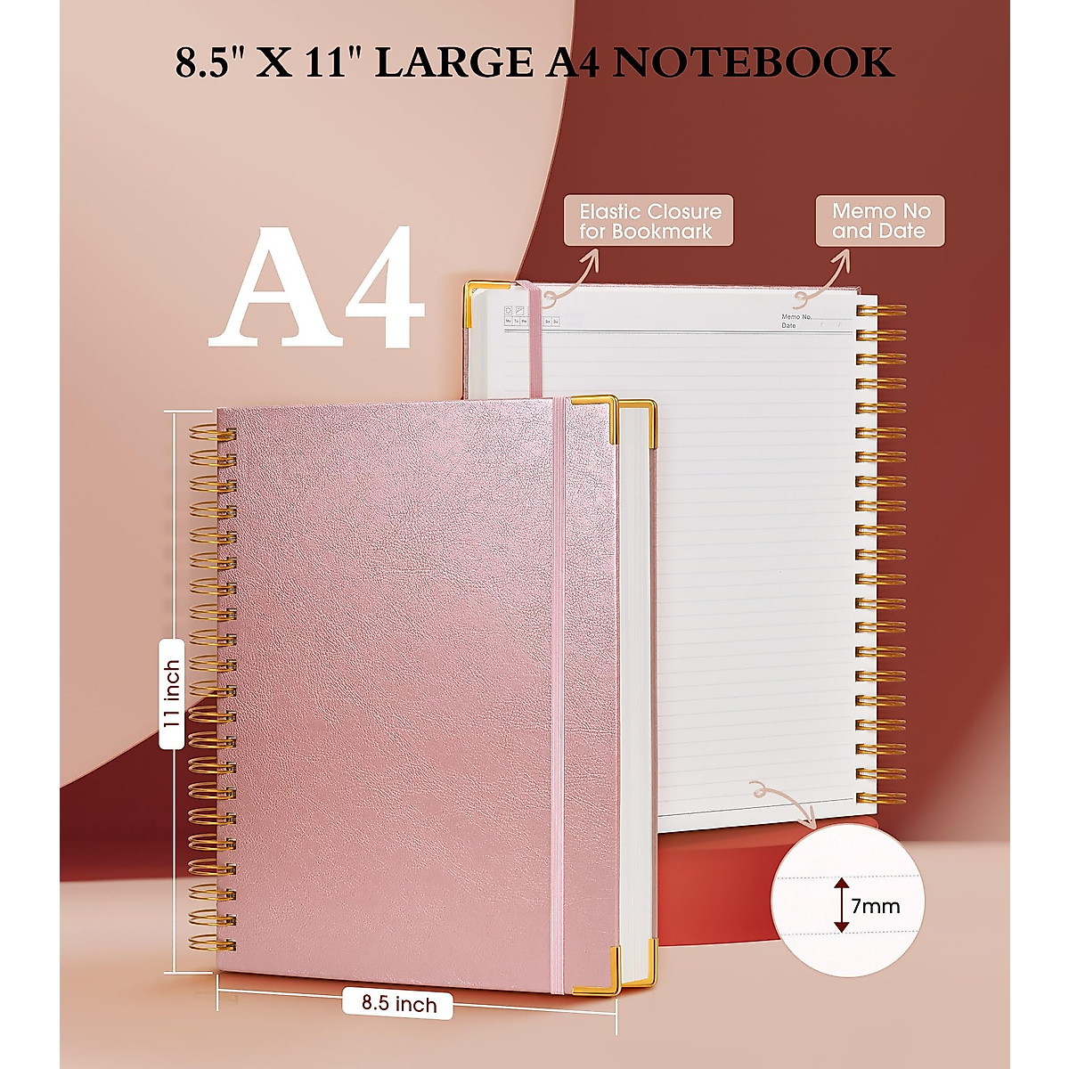 Spiral Notebook Journal 8.5” x 11”, 300 Pages Hardcover Leather Lined Journals for Women Men, A4 Large College Ruled Notebooks with 100 GSM Thick Paper, Spiral Journal for Writing Work School, Pink