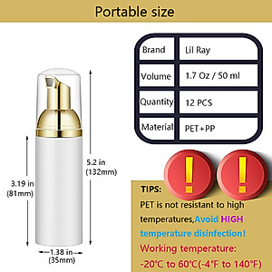 Lil Ray 2 Oz Empty White Foam Pump Bottle, Foamer Soap Dispenser for Lash Shampoo, Hand Soap, Foaming Cleaner(Gold Pump, 12 PCS)