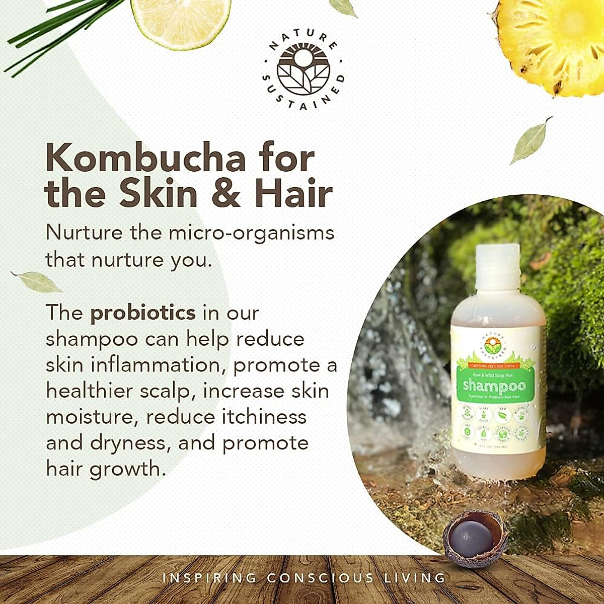 Nature Sustained Natural Shampoo - Organic, Raw & Wildcrafted with Probiotics, Hypoallergenic Natural & Sulfate Free Shampoo for Sensitive Scalp, Dry Hair, Dandruff, Eczema & Psoriasis, 9oz, Original