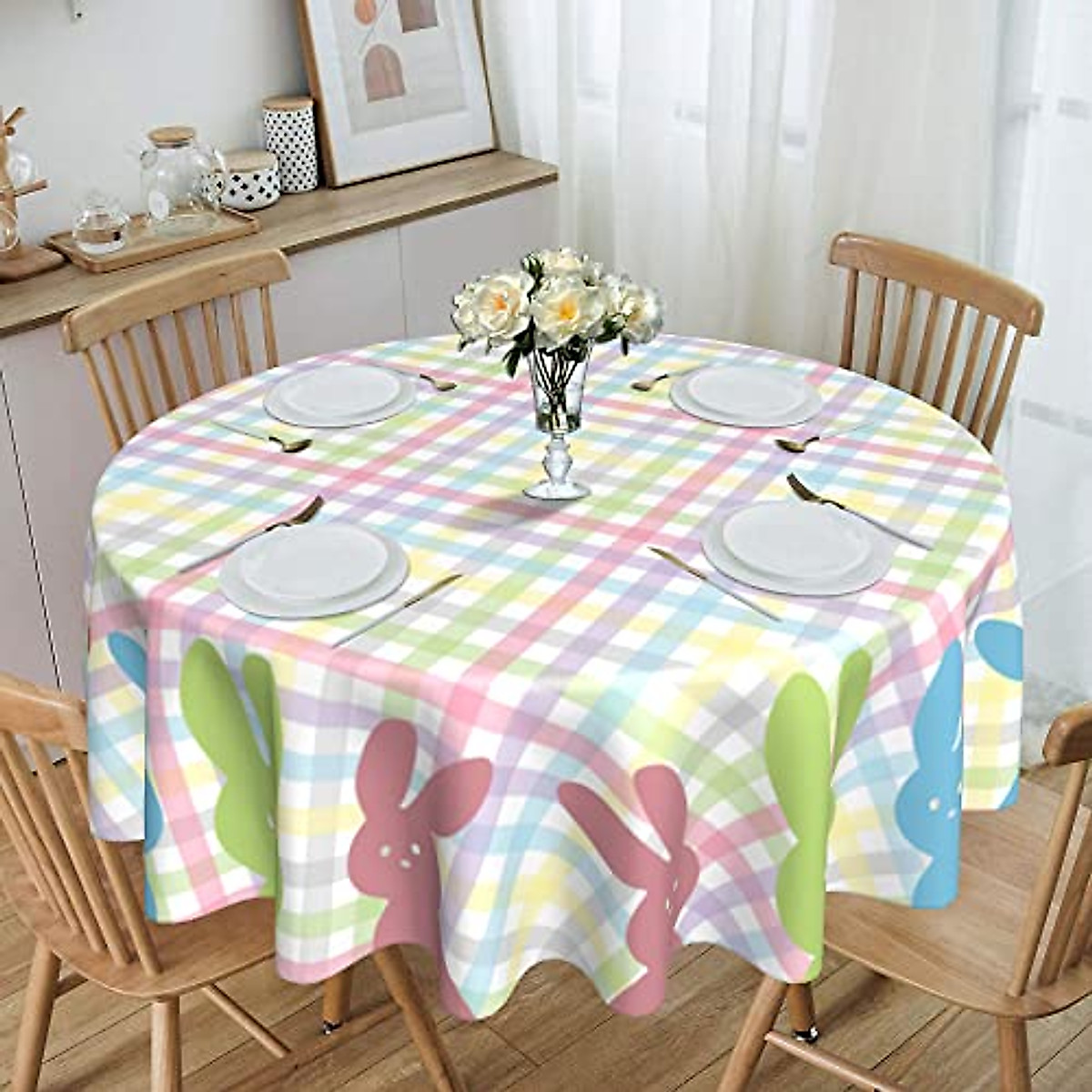 Comott Easter Round Tablecloth Spring Rabbit 60 x 60 Inch Washable Waterproof and Stain Resistant Polyester Tablecloth for Kitchen Tables, Buffet Parties, Picnic, Indoor and Outdoor Dining