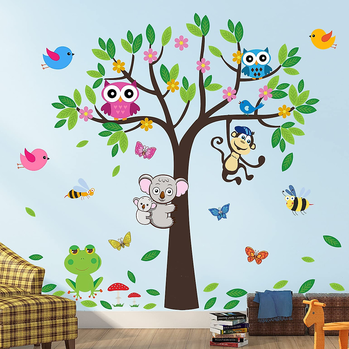 Amaonm Giant Tree With Cartoon Animals Monkey Owls Wall Sticker Removable 3D DIY Green Leaves Wall Decal Nursery Peel and Stick art Decor for Kids Baby Bedroom Home Living Room Classroom Decoration
