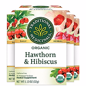 Traditional Medicinals Organic Hawthorn & Hibiscus Herbal Tea, Promotes Heart Health, (Pack of 4) - 64 Tea Bags Total