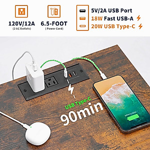 LAKEMID Narrow Side Table Set 2 with LED Light and USB C Port, Night Stand with Charging Station, Skinny End Table with 2 Fabric Drawers, for Bedroom, Living Room, Rustic Brown