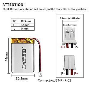 EEMB Lithium Polymer Battery 3.7V 820mAh 653042 Lipo Rechargeable Battery Pack with Wire JST Connector for Speaker and Wireless Device- Confirm Device & Connector Polarity Before Purchase