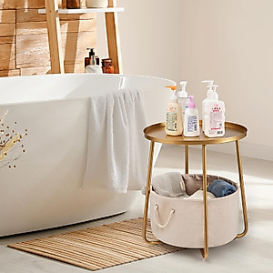 danpinera Gold Side Table, Small Round Side Table with Fabric Storage Basket, Metal Side Table for Nursery, Living Room, Bedroom, Bathroom