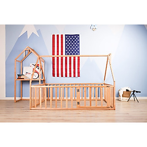 BUSYWOOD House Wooden Playpen - Montessori Floor Bed with Safe Gate - Toddler Bed - Floor Bed - Frame with Fence and Door - Toddler Bedroom Furniture - Full, Twin, Queen, King size (Model 6)