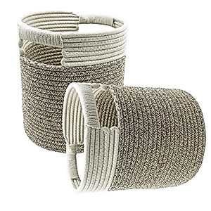 SOQKEEN Woven Cube Storage Basket 2 PCS Bathroom Cotton Rope Storage Organizer Bins with Handles Baby Kids Versatile Hamper for Shelves Laundry Nursery(Light Brown)