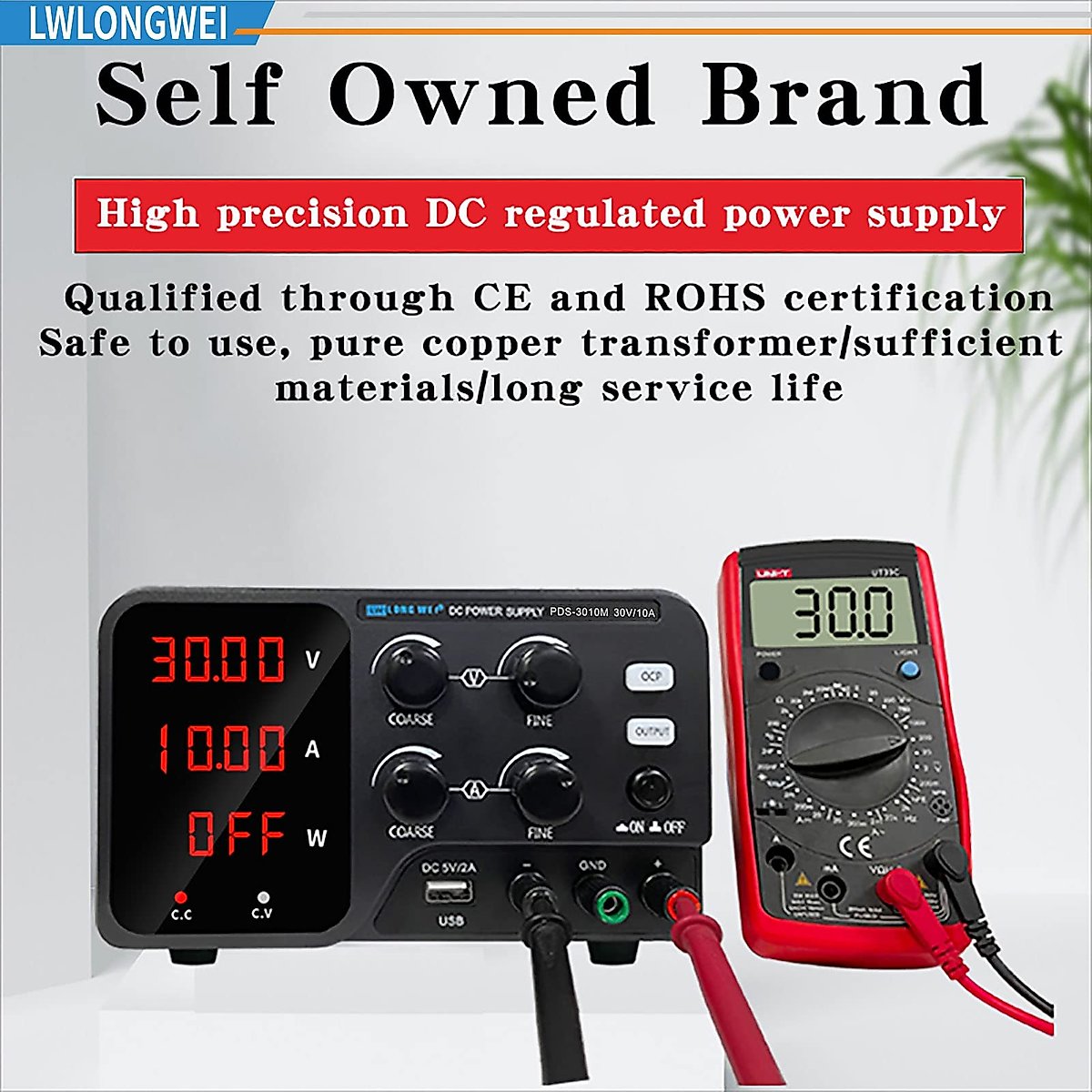 LWLONGWEI DC Power Supply Variable,30V 10A Adjustable Switching Regulated DC Bench Power Supply with 4-Digits LED Power Display 5V/2A USB Output, Coarse and Fine Adjustments Black