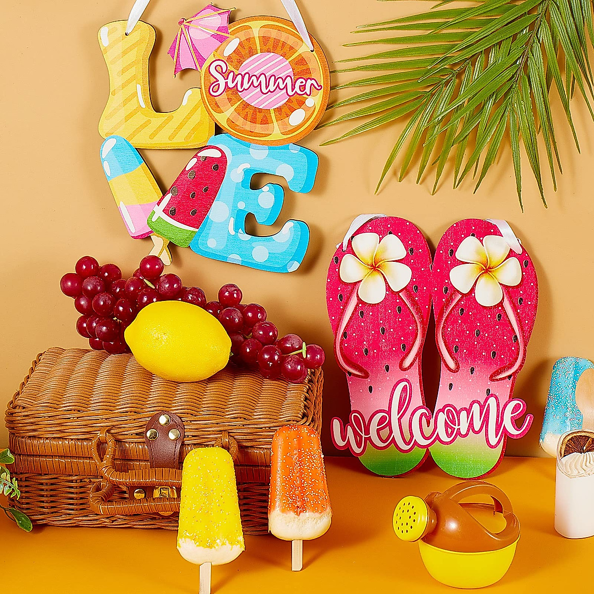 2 Pieces Ice Cream Sandbeach Hanging Sign Happy Summer Wood Sign Sweet Summer Wood Ornaments Summer Welcome Sign Door Wood Hanging Sign for Summer Holiday Party Home Door Wall Window Decor (Sandbeach)