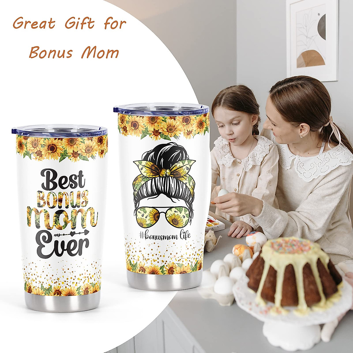 Cosictic Mother's Day Gift for Bonus Mom, Sunflower Best Bonus Mom Travel Tumbler, Birthday Christmas Gift For Bonus Mom Stepmom Mother In Law