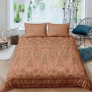 Homewish Paisley Bedding Set 3pcs for Kids Girls Chic Exotic Floral Print Comforter Cover Indian Style Design Duvet Cover Set Soft Polyester Quilt Cover with 2 Pillow Cases(No Comforter) Full Size