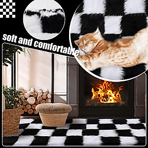 Timgle Checkered Area Rug for Living Room Shag Fuzzy Checkered Rug for Bedroom Shaggy Rug 3 Layer Fluffy Thick Washable Checkered Carpet for Teen Student Dorm Boys Girls Room(Black White, 2 x 6 ft)