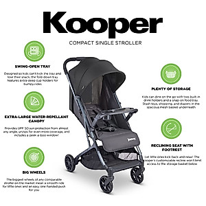 Joovy Kooper Lightweight Baby Stroller Featuring Removable, Swing-Open Tray, Big Wheels, Reclining Seat with Footrest, Extra-Large Retractable Canopy, and Compact Fold (Forged Iron)