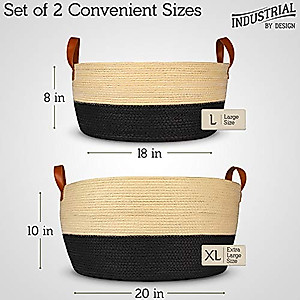 XL and Large Blanket Storage Baskets, 2pc Set – Luxury Palm Woven Basket with Durable Vegan Leather Handles – Decorative Basket for Living Room, Bedroom, Nursery, Blankets, Throws, Toys