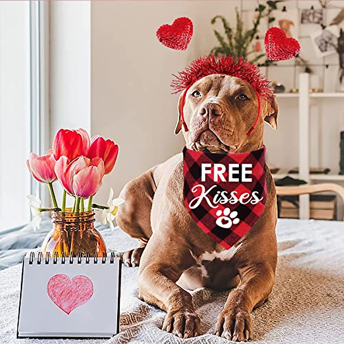 STMK Valentine’s Day Dog Bandana Outfits, Valentine’s Day Heart Headband Plaid Valentines Dog Bandanas Costumes for Small Medium Large Dogs Valentine’s Day Costumes (Free Kisses)