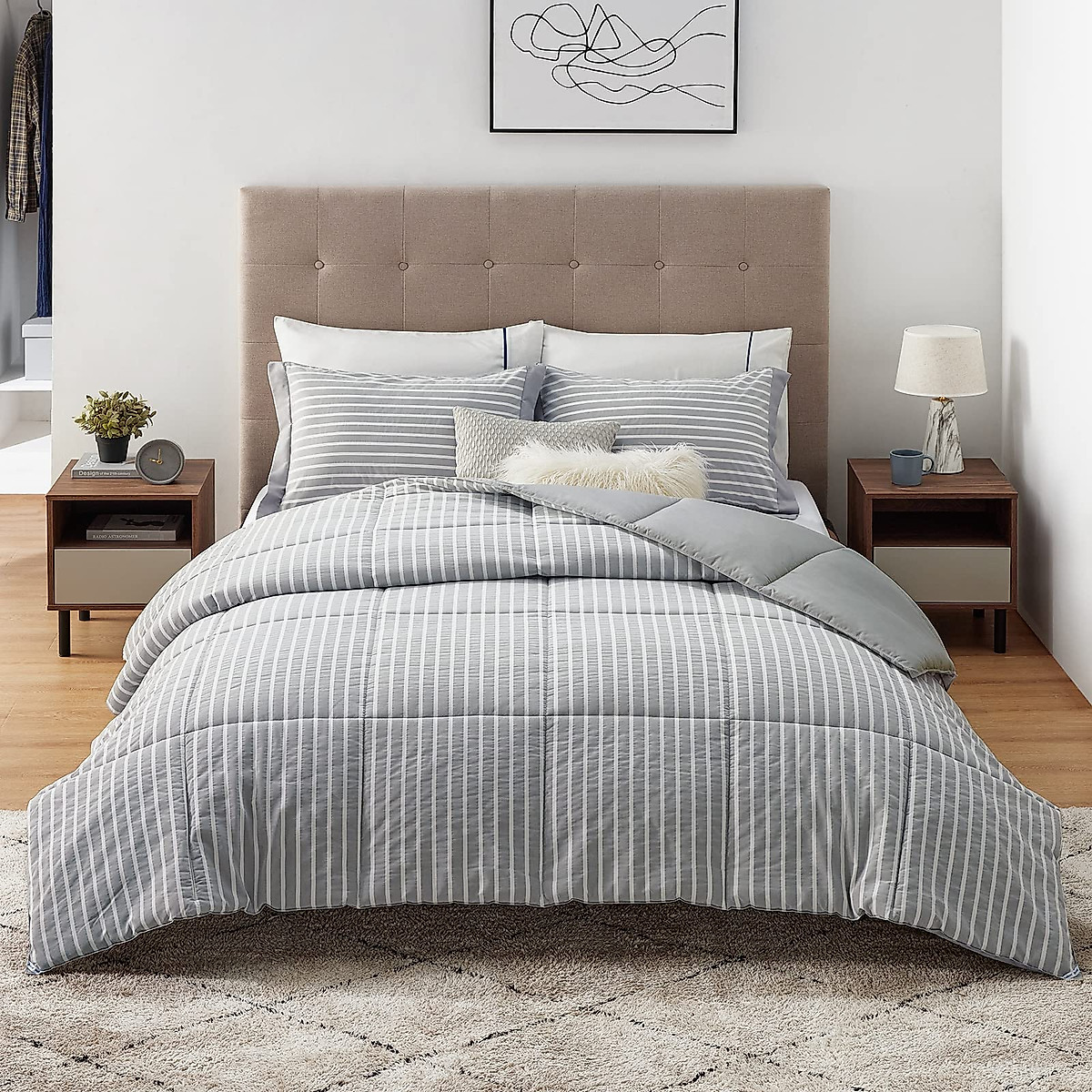 Bedsure Queen Size Comforter Set - Percale Stripes Down Alternative Grey Comforter Sets Box Stitching Gray Duvet Insert, All Season Bed Set with 2 Pillow Shams (Queen/Full, 88x88'', 3 Pieces)