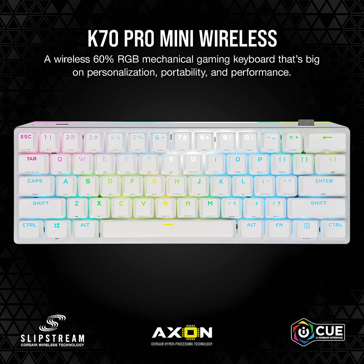 Corsair K70 PRO MINI WIRELESS RGB 60% Mechanical Gaming Keyboard - Fastest Sub-1ms Wireless, Swappable CHERRY MX Speed Keyswitches, Aluminum Frame, PBT Double-Shot Keycaps - NA Layout, QWERTY - White