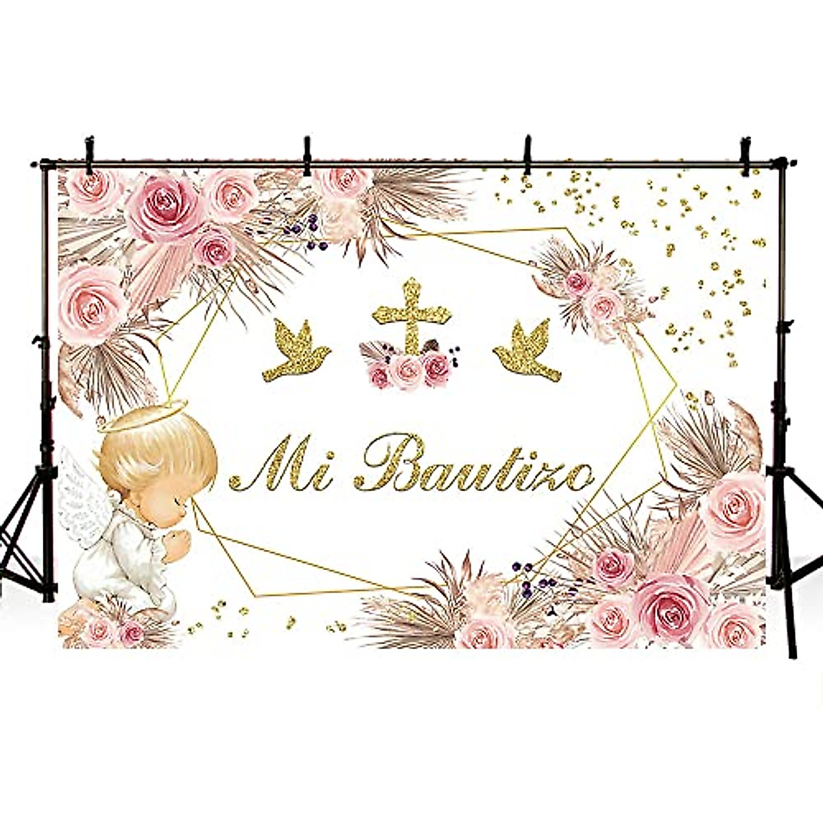 SENDY 7x5ft Mi Bautizo Backdrop Boho Baptism God Bless First Holy Communion Party Decorations for Girl Angel Pink Floral Gold Cross Glitter Background Christening Newborn Baby Shower Photo Booth Props