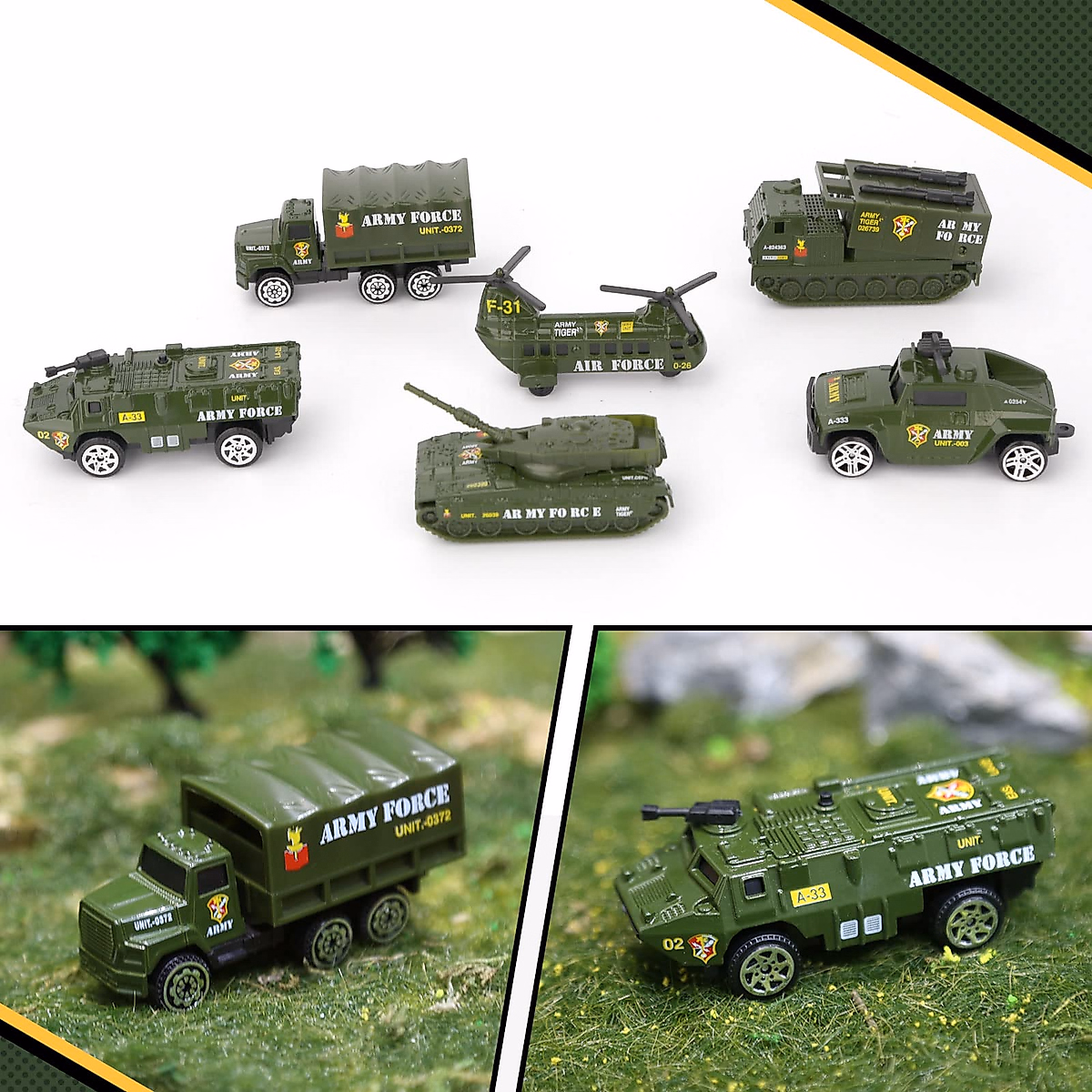 Diecast Military Vehicles Army Toy Mini Pocket Size Play Models Truck Tanks Helicopter for Kids Boys Age 3 4 5,Pack of 6